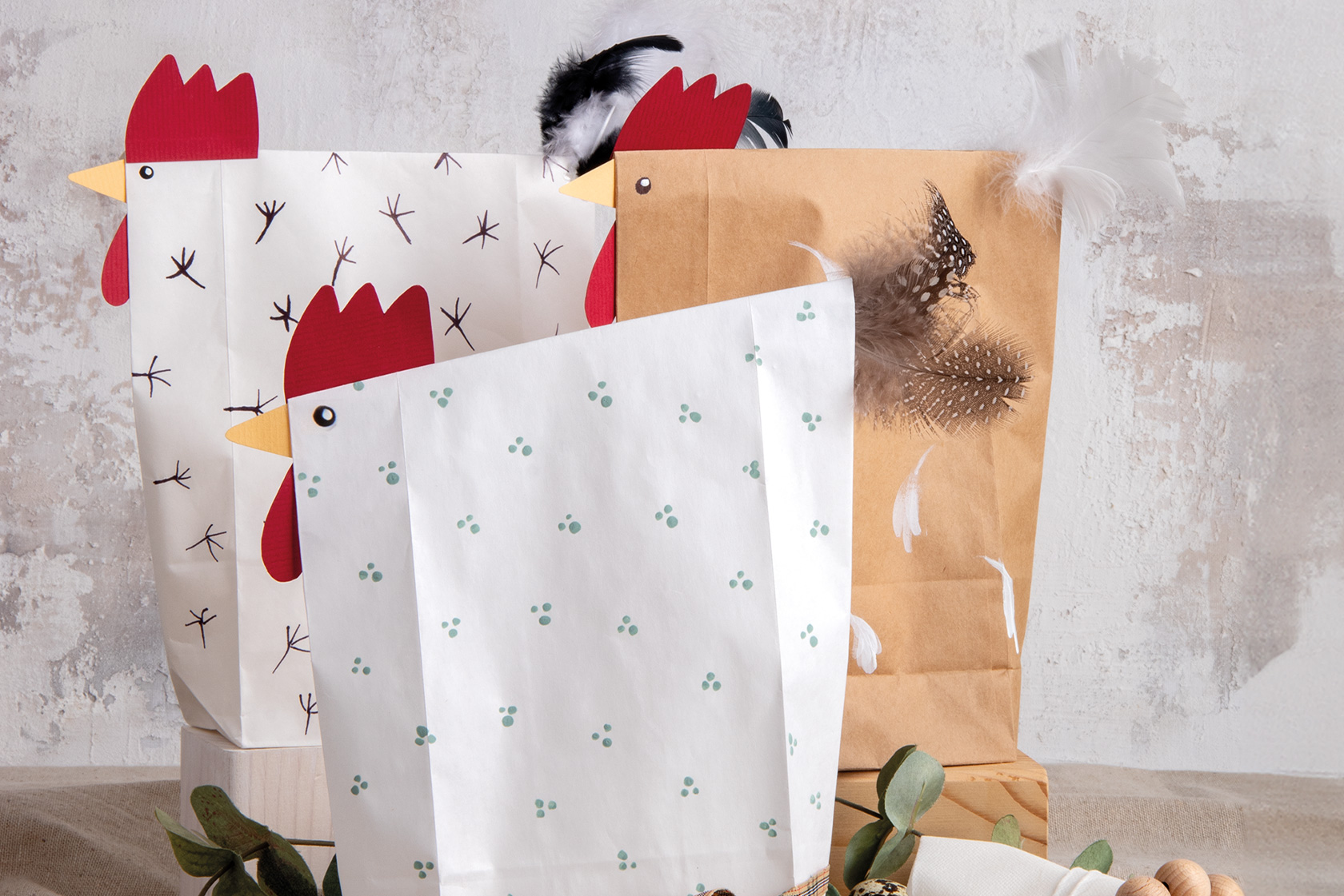 Bastle herzige Papiertüten-Hühner basteln mit JUMBO