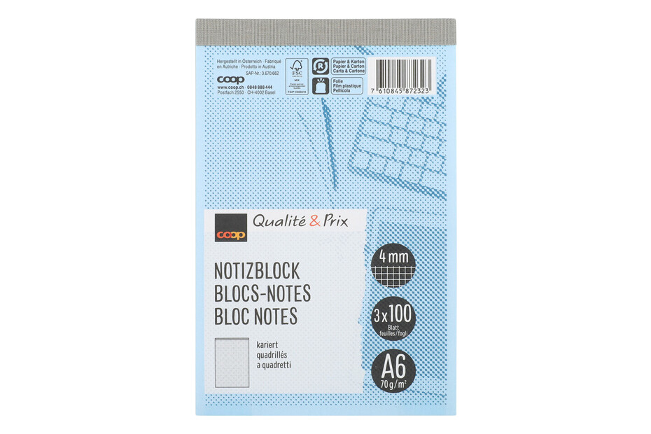 Blocs-notes Qualité & Prix FSC A6 quadrillés 100 feuilles 3 pièces ...